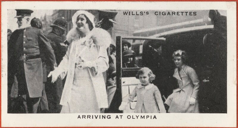 'Arriving at Olympia' (Queen Elizabeth, the Queen Mother; Queen Elizab ...
